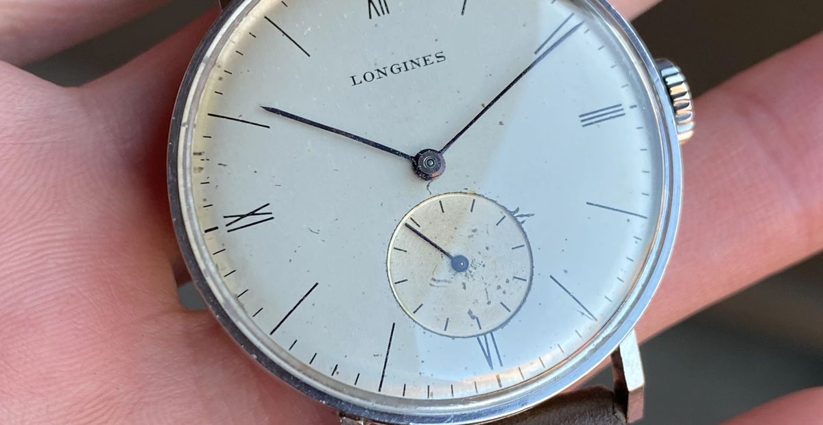 SOLD - [Reduced to $650] 1943 Longines 12.68z w/ a 35mm Steel Case & Bauhaus-Style Roman Numeral ...