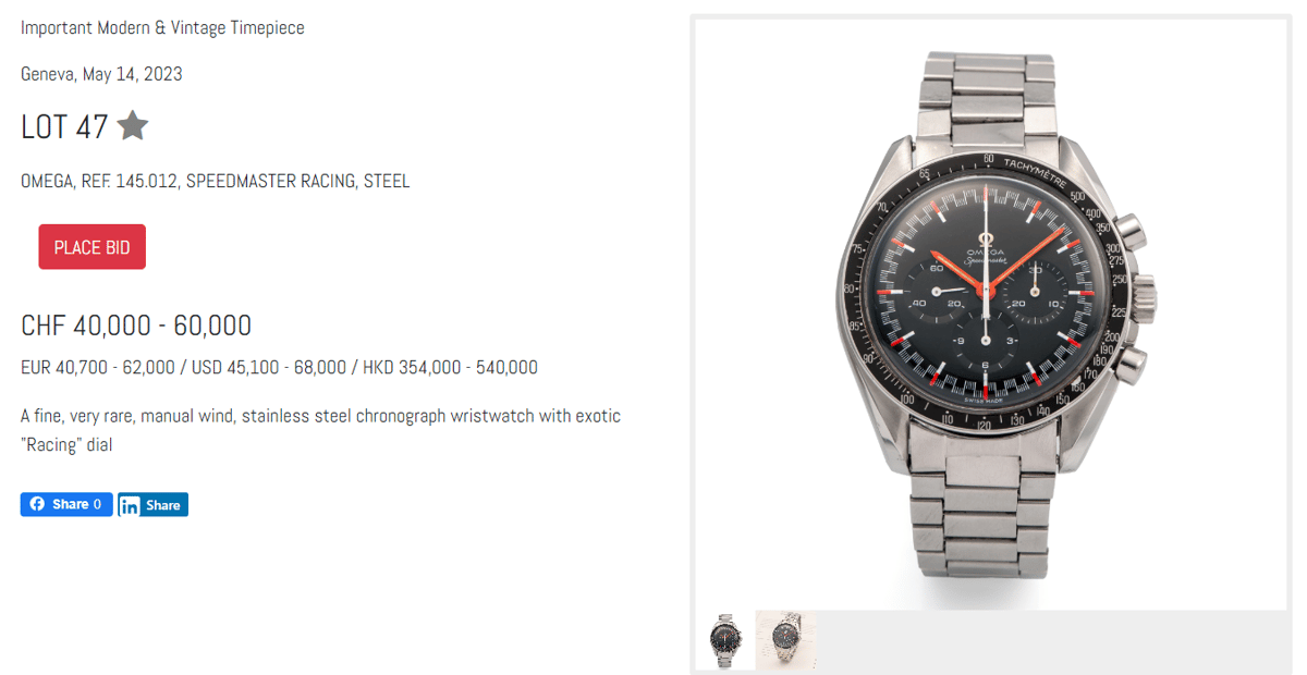 Red Racing 145.012 Speedmaster on auction May 14th | Omega Watch Forums