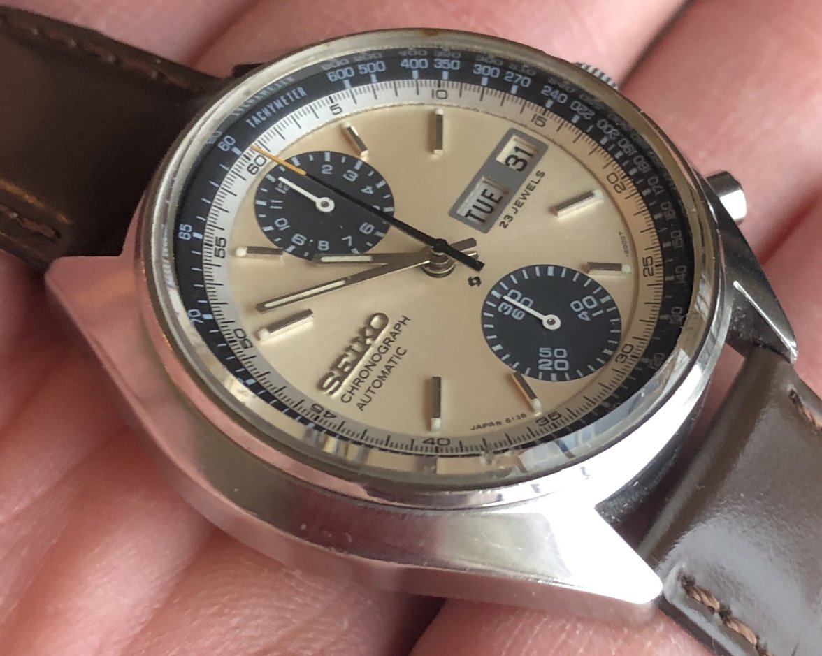 WITHDRAWN - Seiko 6138-8000 Baby Panda chronograph, cream dial | Omega ...