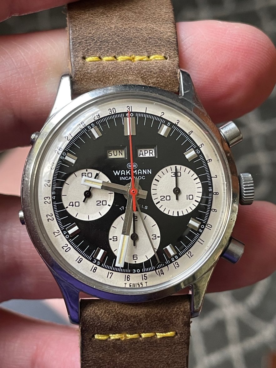 FS - Serviced Jumbo Triple Date Wakmann Panda Valjoux 730 Chronograph ...