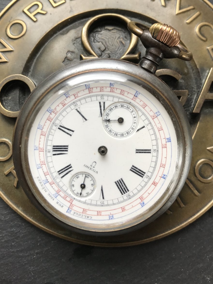 FS - Omega calibre 19 chronograph pocket watch, gun metal, flawless ...