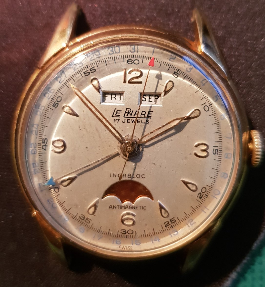 SOLD - 60s Le Phare Men's GP Triple Date Moonphase - Valjoux 90 ...